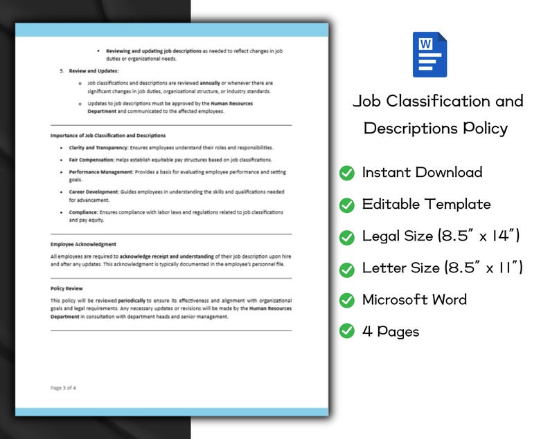 Job Classification and Descriptions Policy Editable Template | Human ...