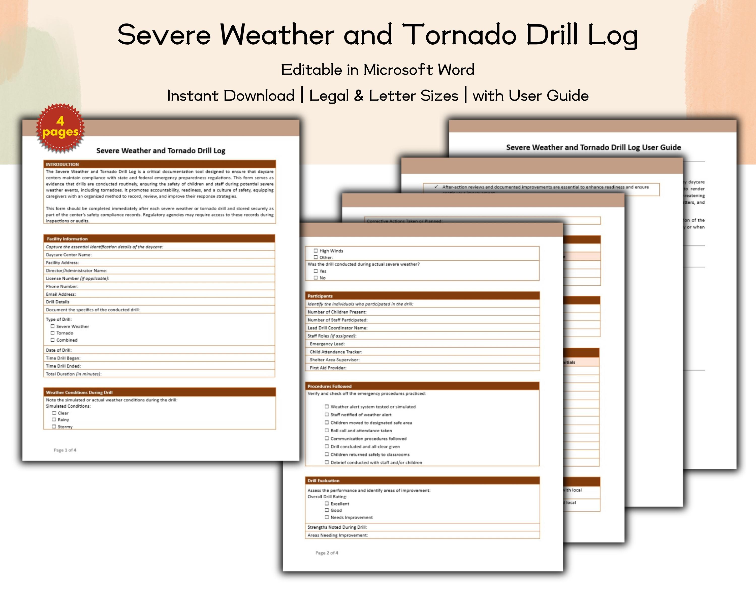 Daycare Severe Weather and Tornado Drill Log Editable and Printable ...
