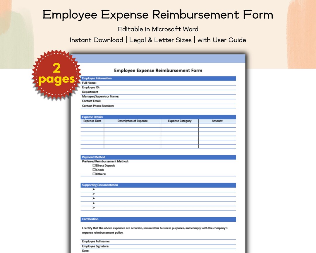 Employee Expense Reimbursement Form – Editable and Printable Template ...