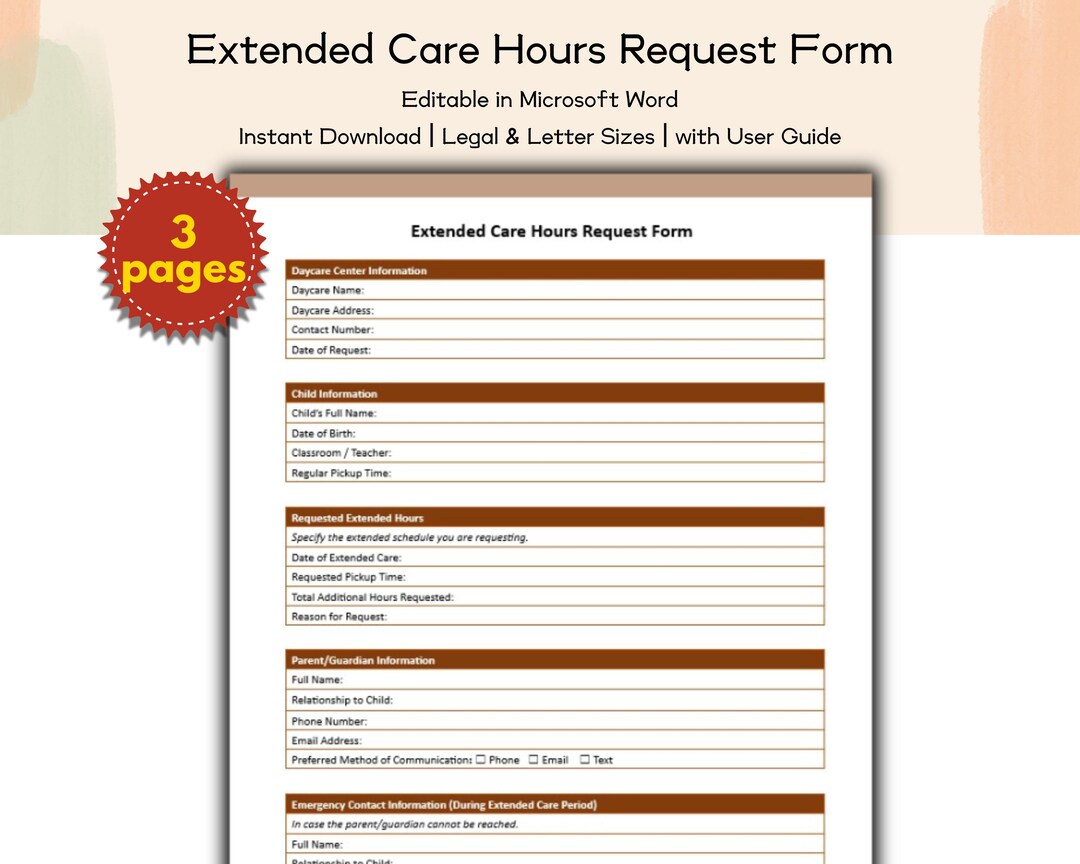 Daycare Extended Care Hours Request Form Editable and Printable ...