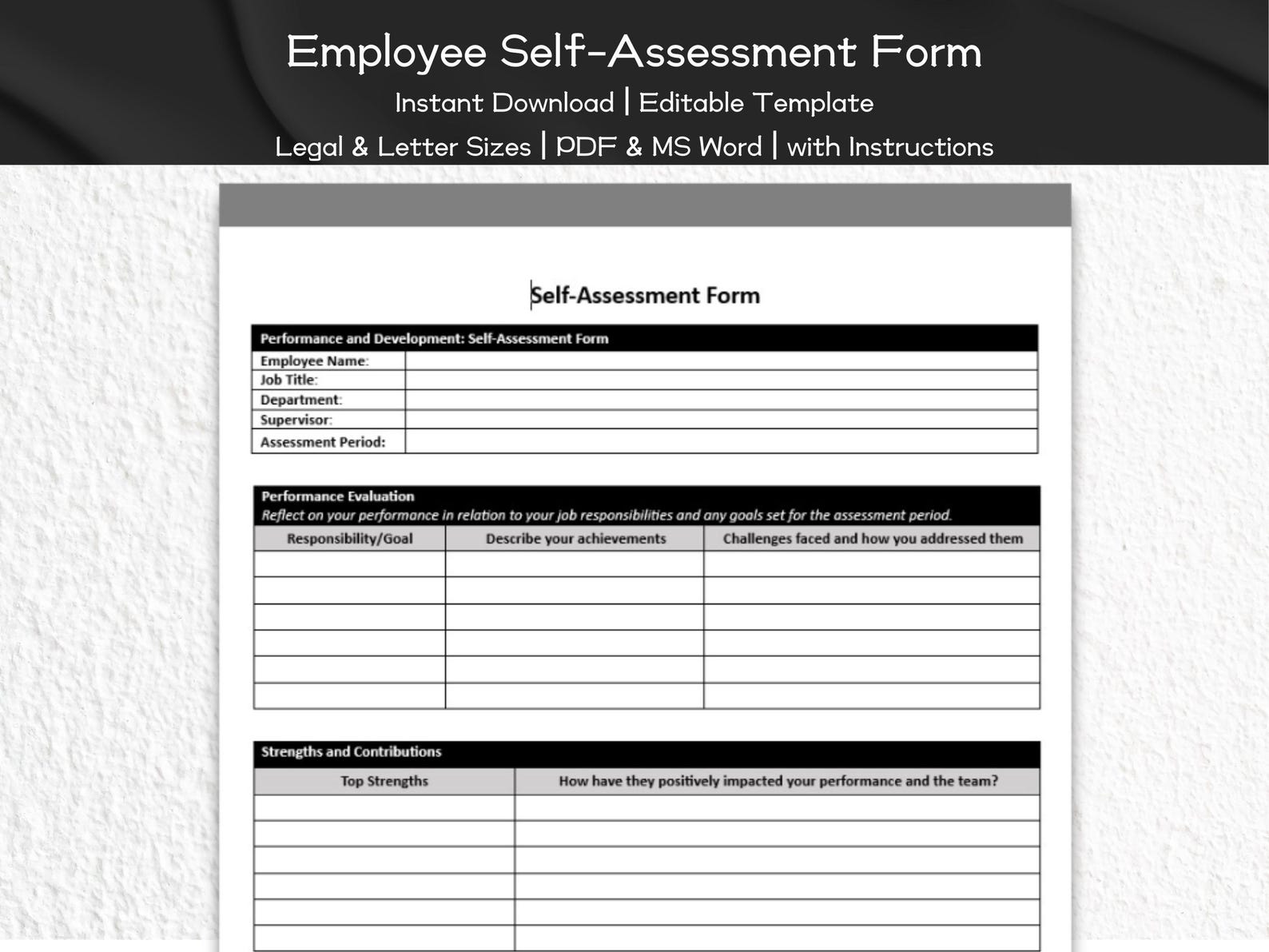 Employee Self-assessment Form Editable and Printable Template | HR ...