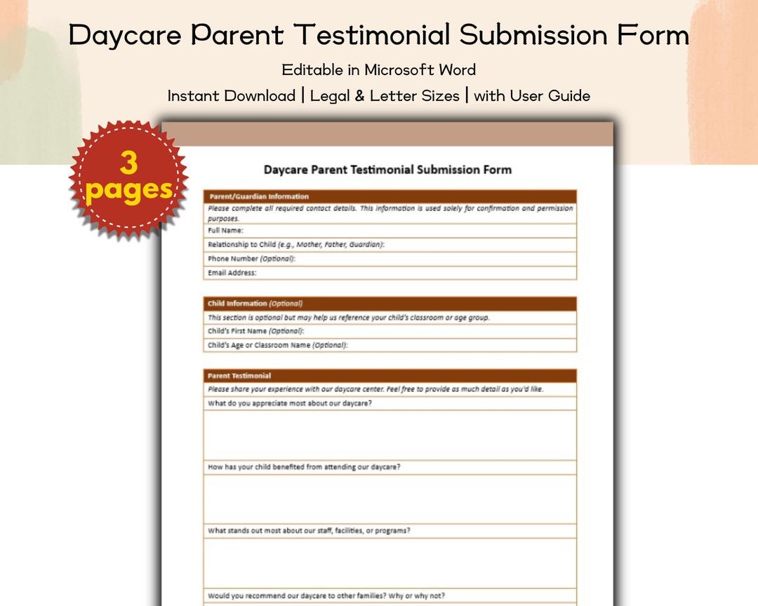Daycare Parent Testimonial Submission Form Editable and Printable ...