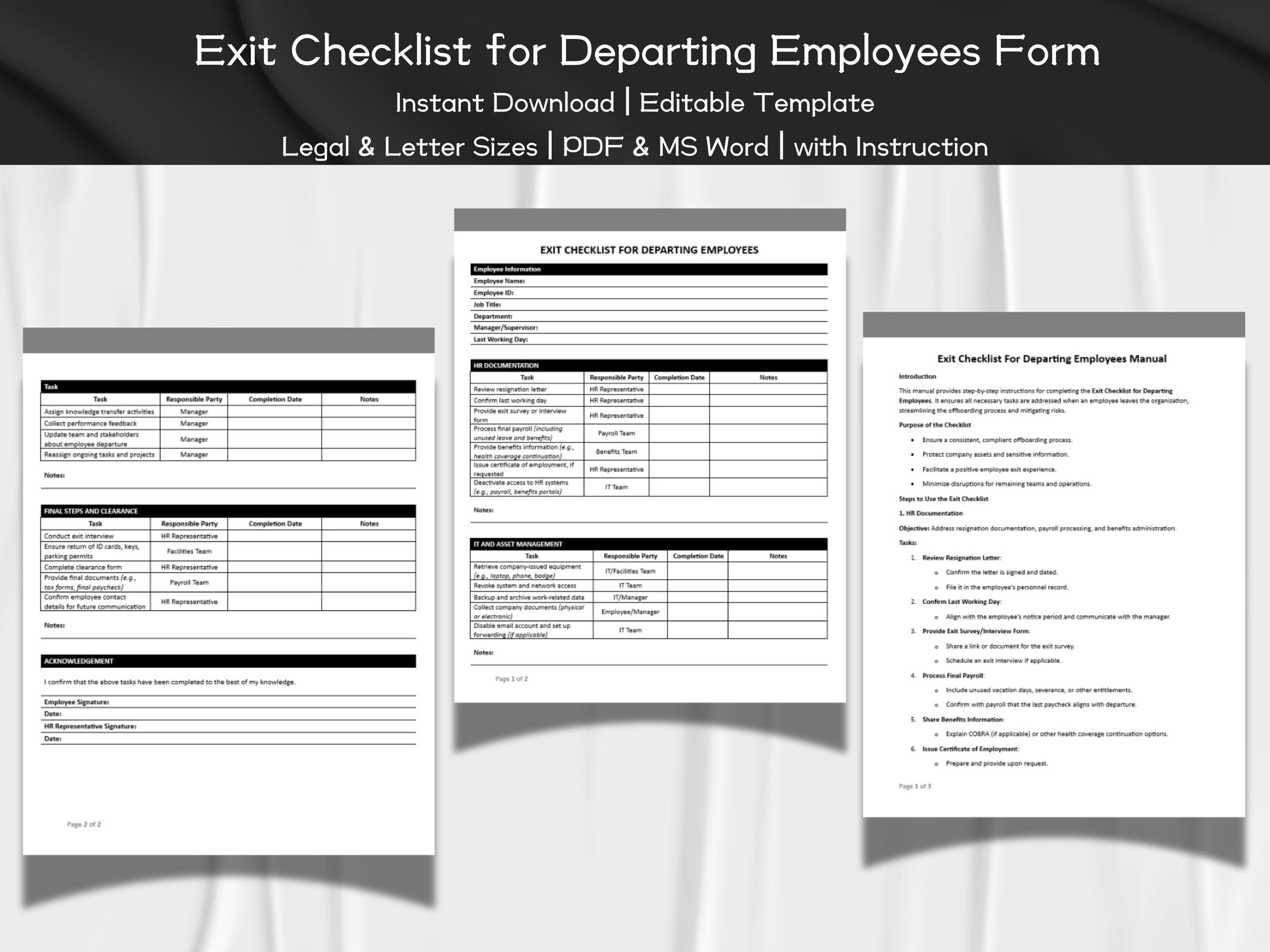 Exit Checklist for Departing Employees Form Editable and Printable ...