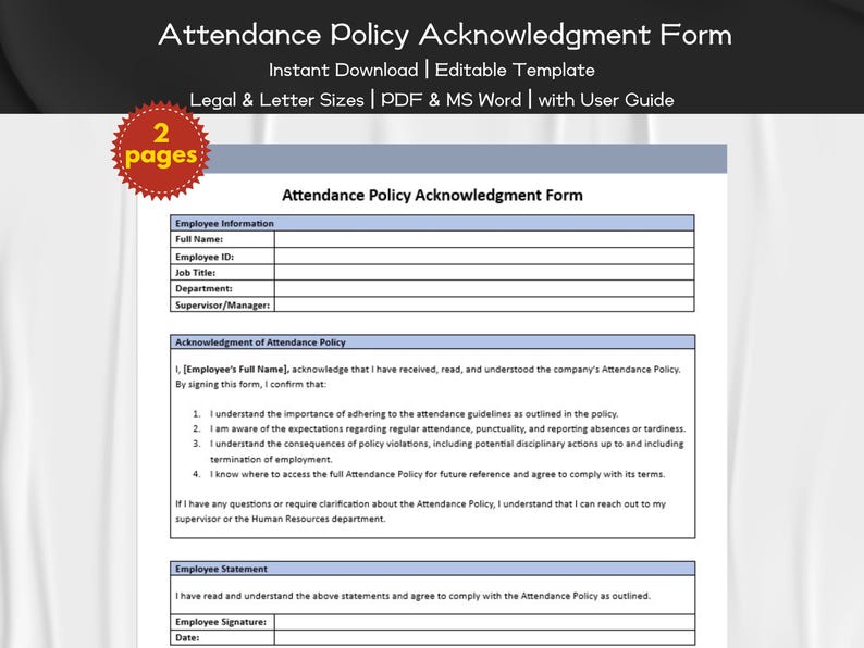 Attendance Policy Acknowledgment Form Editable and Printable Template ...