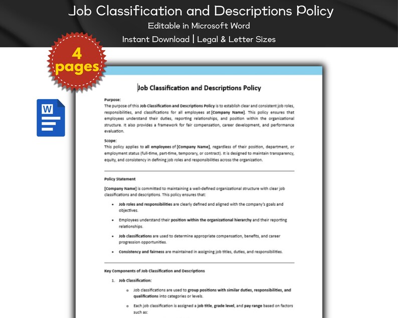Job Classification and Descriptions Policy Editable Template | Human ...