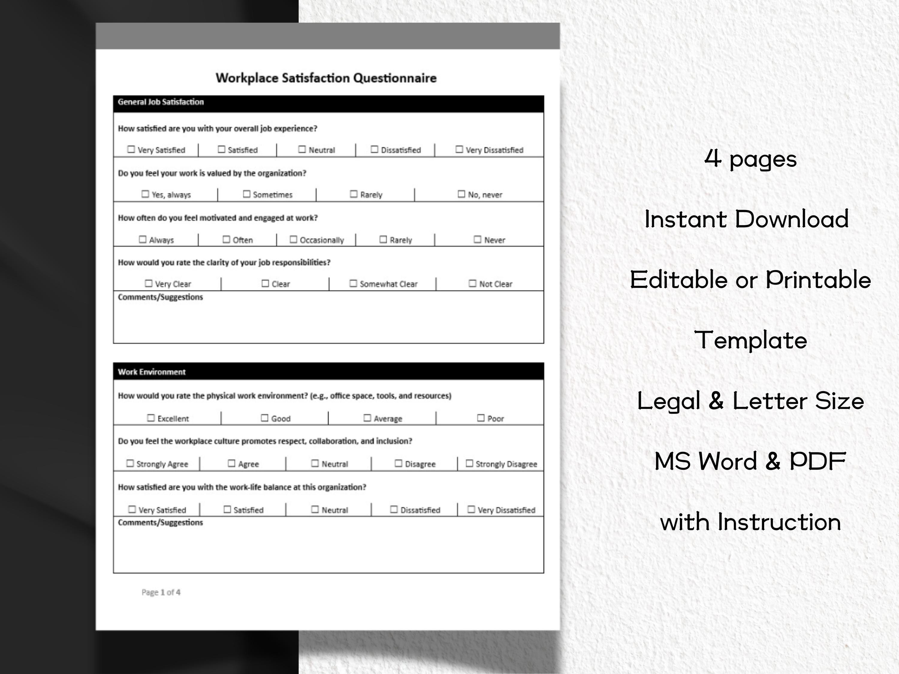 Workplace Satisfaction Questionnaire Form Editable and Printable ...
