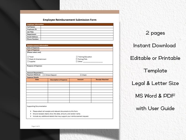 Employee Reimbursement Submission Form Editable and Printable Template ...