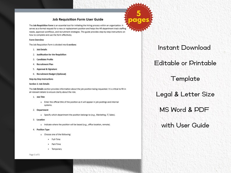 Job Requisition Form Editable and Printable Template With Manual | HR ...
