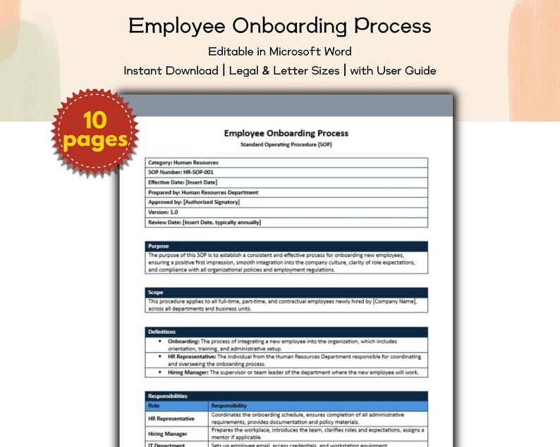 Employee Onboarding Process Standard Operating Procedure SOP Editable ...