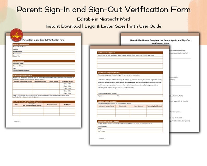 Daycare Parent Sign-in and Sign-out Verification Form Editable and ...