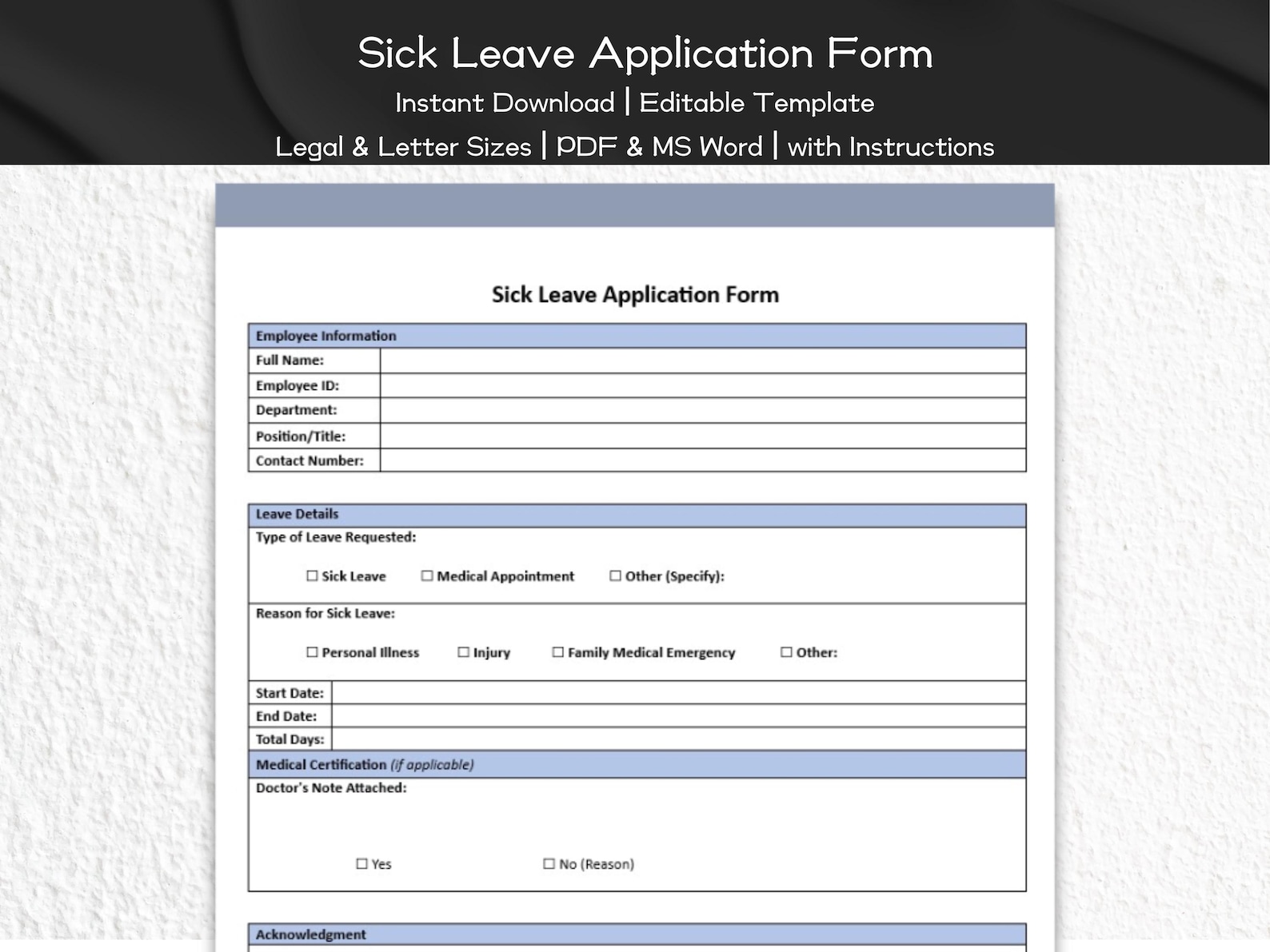 Sick Leave Application Form Editable and Printable Template | HR ...