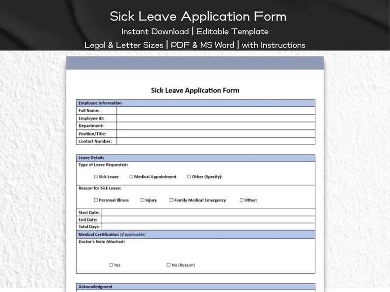 Sick Leave Application Form Editable and Printable Template | HR ...
