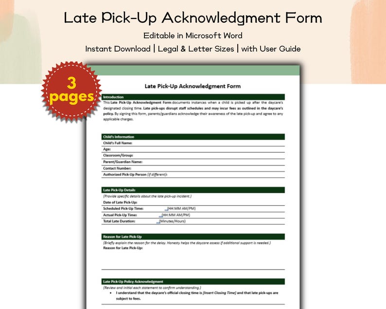 Daycare Late Pick-up Acknowledgment Form Editable and Printable ...