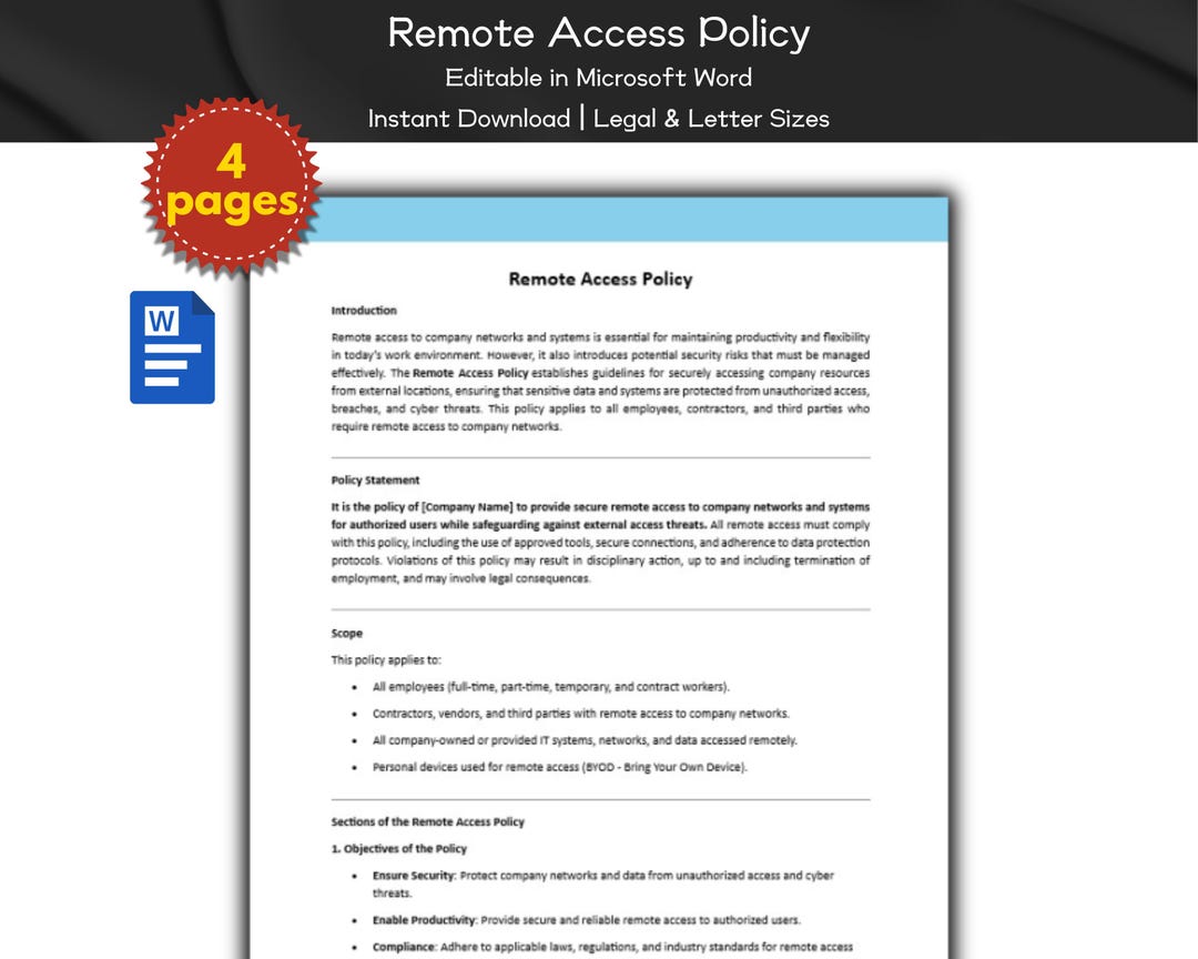 Remote Access Policy Editable Template | Human Resource Policy ...