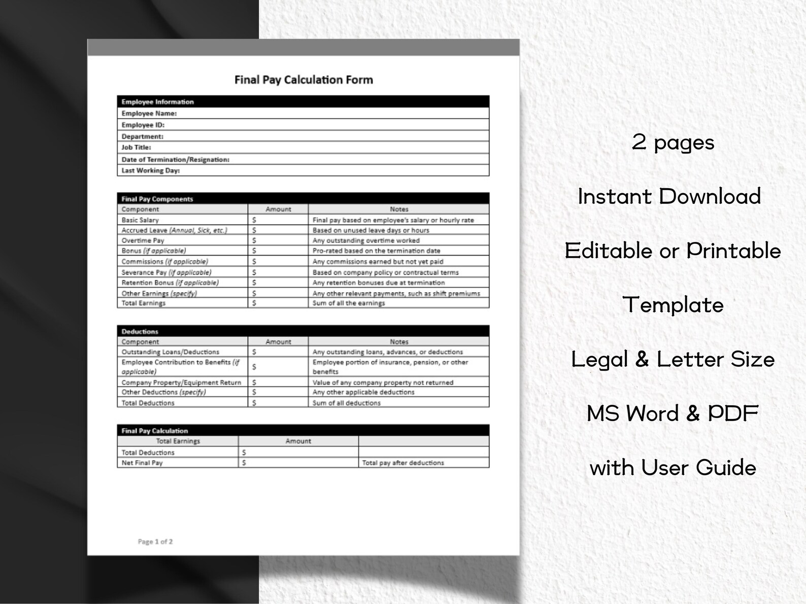 Final Pay Calculation Form Editable and Printable Template | Employee ...