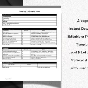 Final Pay Calculation Form Editable and Printable Template | Employee ...