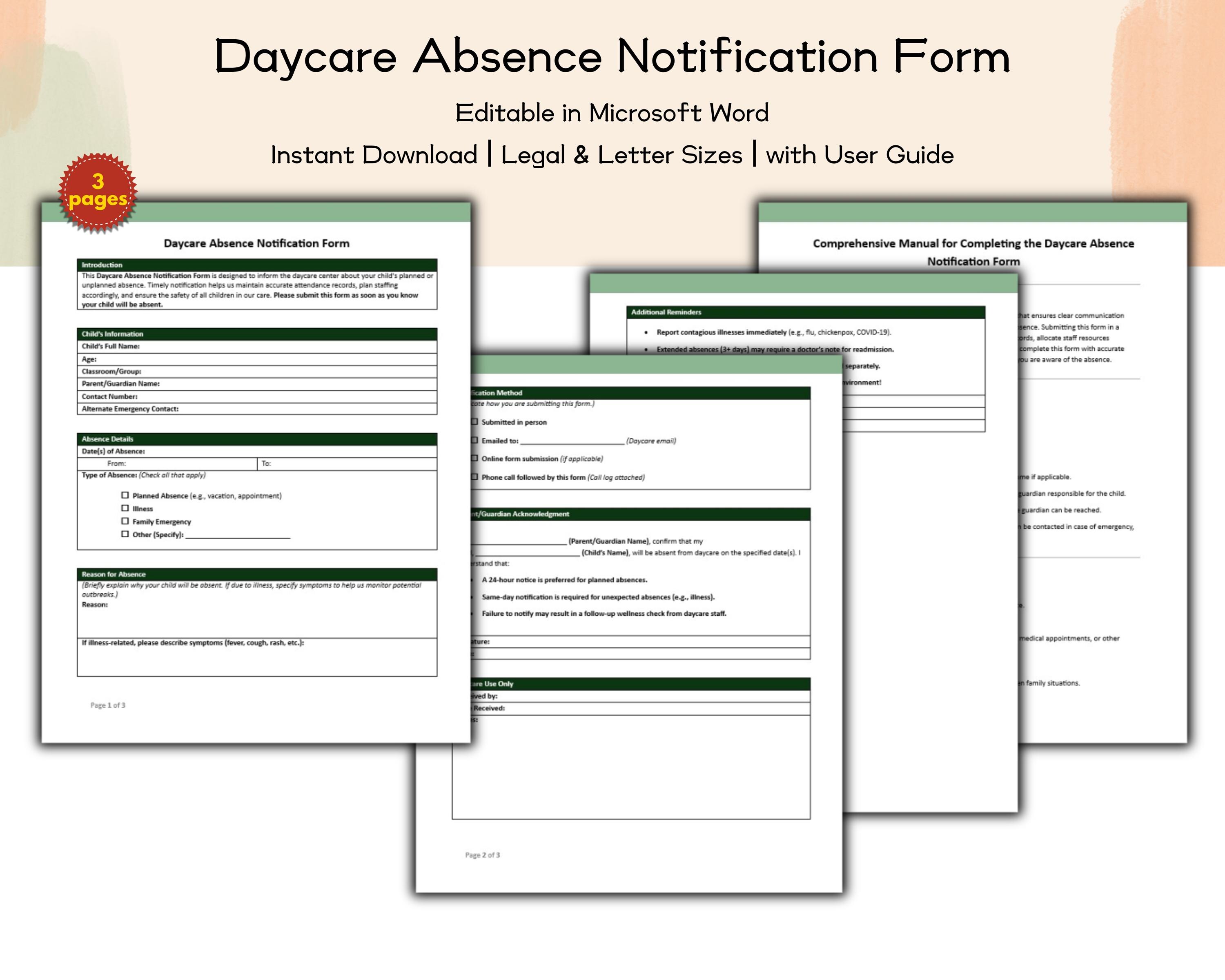 Daycare Absence Notification Form Editable and Printable Template Child ...