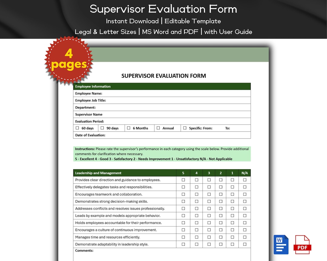 Supervisor Evaluation Form Editable and Printable Template With Manual ...