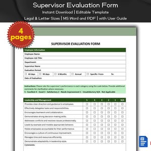 Supervisor Evaluation Form Editable and Printable Template With Manual ...