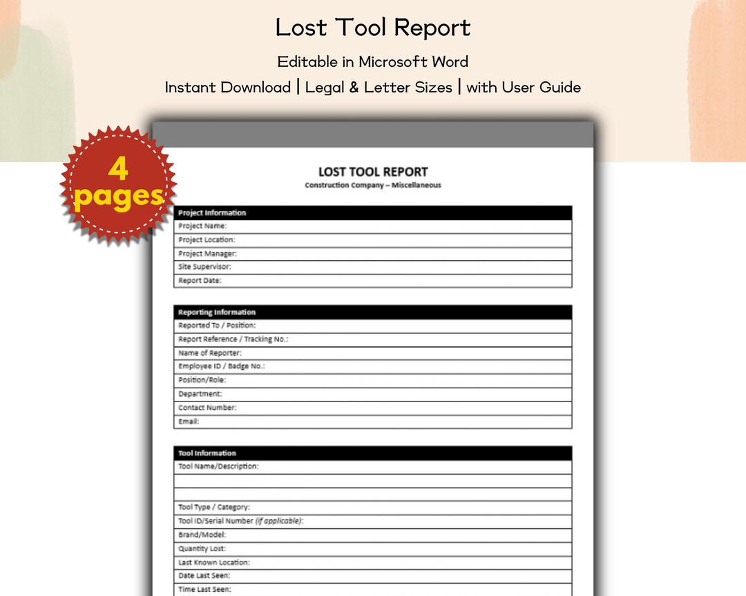 Construction Company Lost Tool Report Editable and Printable Template ...