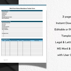 Work From Home Attendance Tracker Form Editable and Printable Template ...