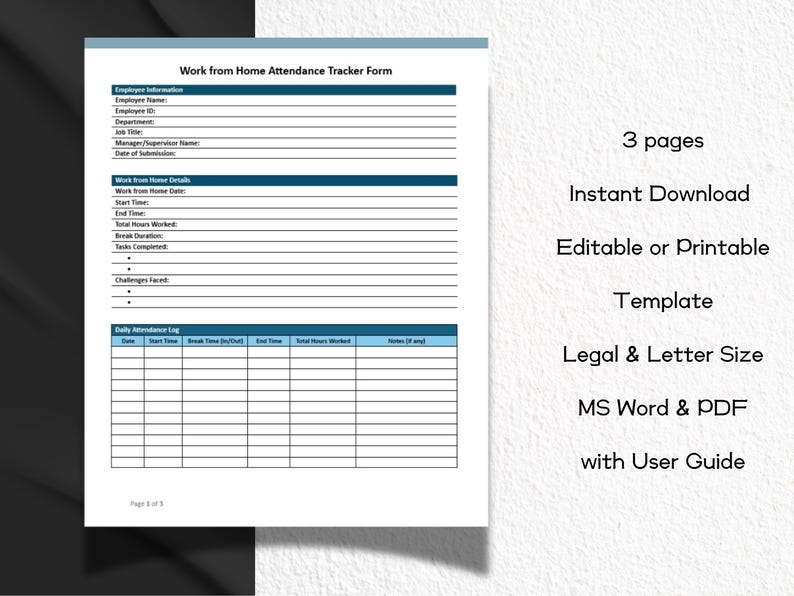 Work From Home Attendance Tracker Form Editable and Printable Template ...
