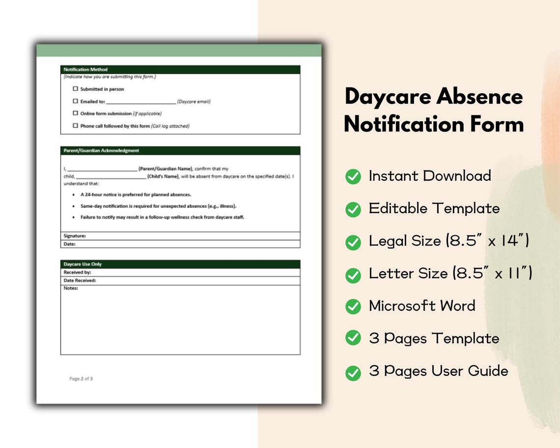 Daycare Absence Notification Form Editable and Printable Template Child ...