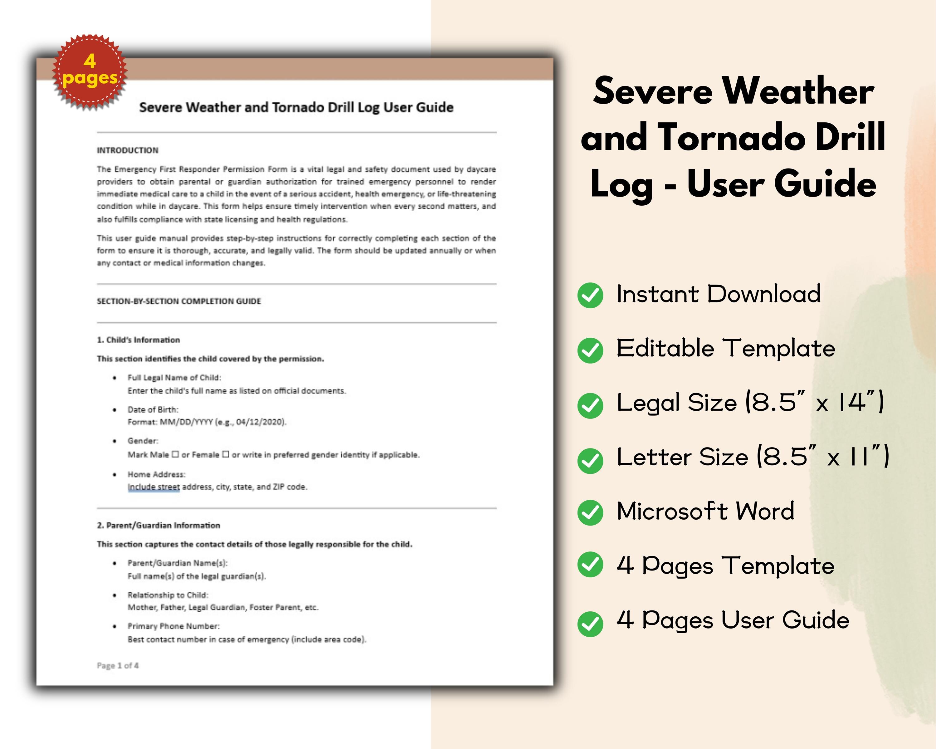 Daycare Severe Weather and Tornado Drill Log Editable and Printable ...