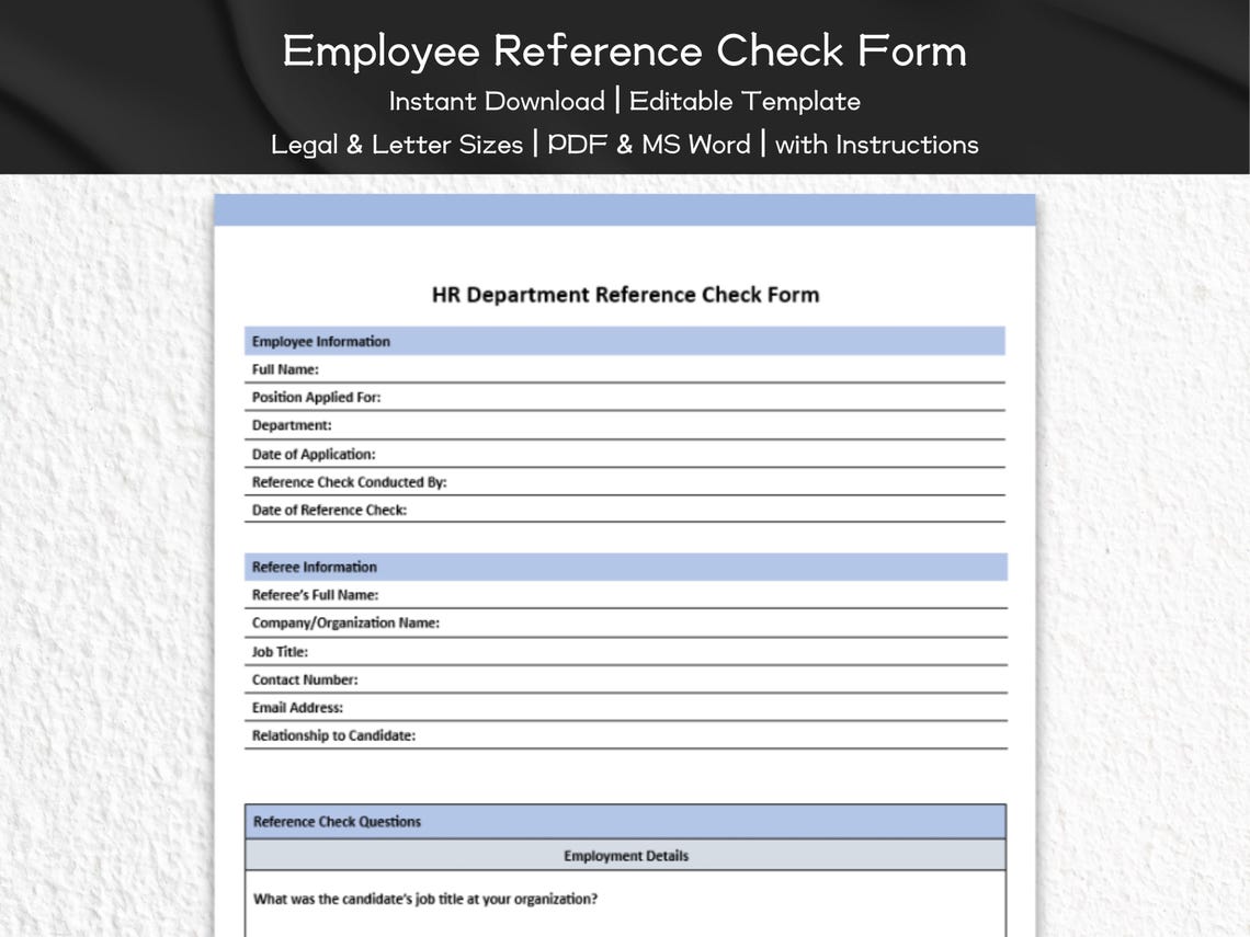 Employee Reference Check Form Editable Template and Printable Template ...