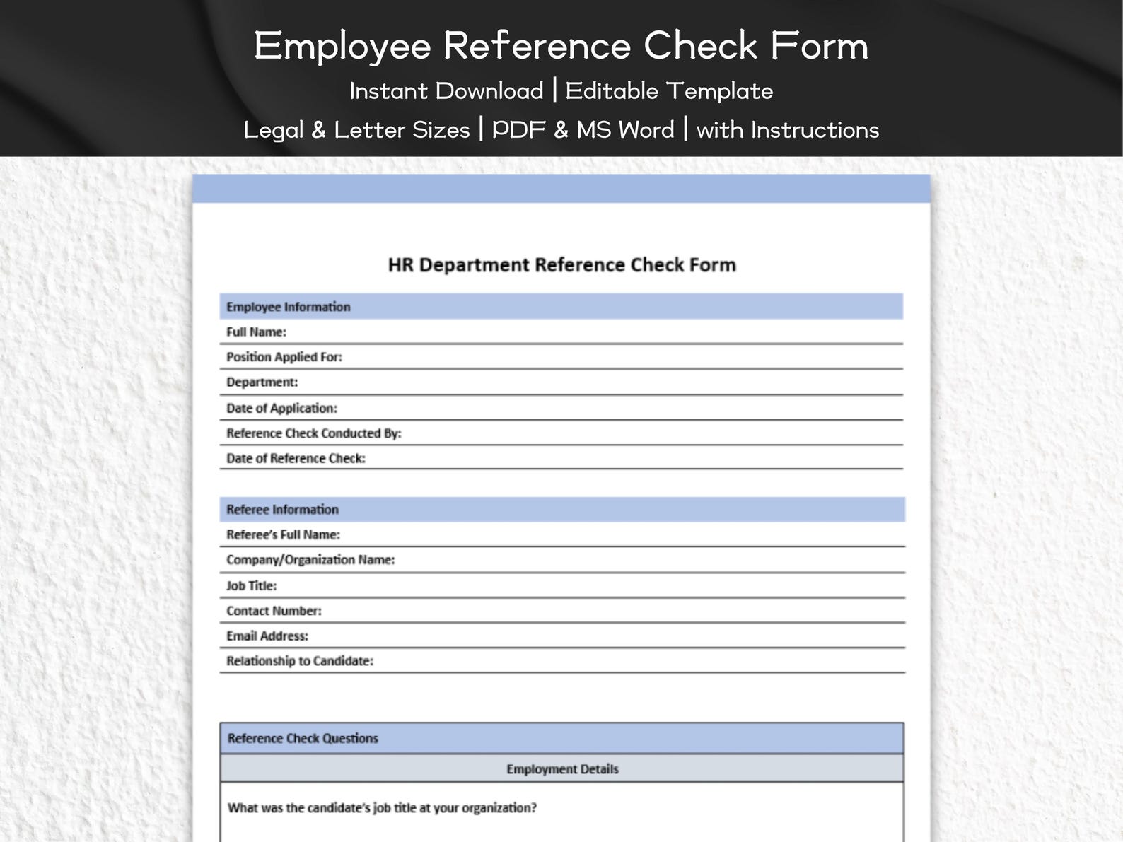 Employee Reference Check Form Editable Template and Printable Template ...