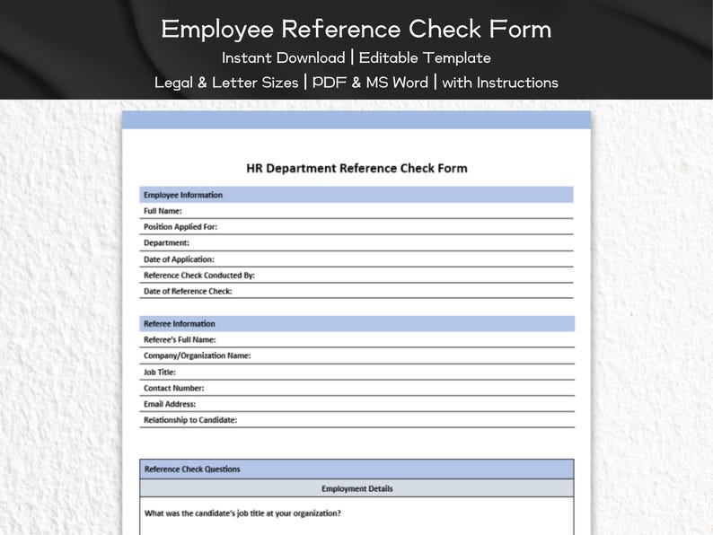 Employee Reference Check Form Editable Template and Printable Template ...
