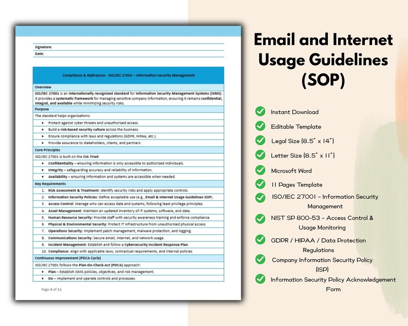 Email and Internet Usage Guidelines SOP Editable and Printable Template ...