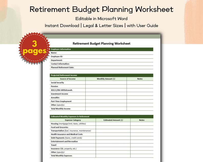 Retirement Budget Planning Worksheet Printable and Editable Financial ...