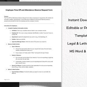 Absence Request Form Template Editable and Printable | HR Professionals ...