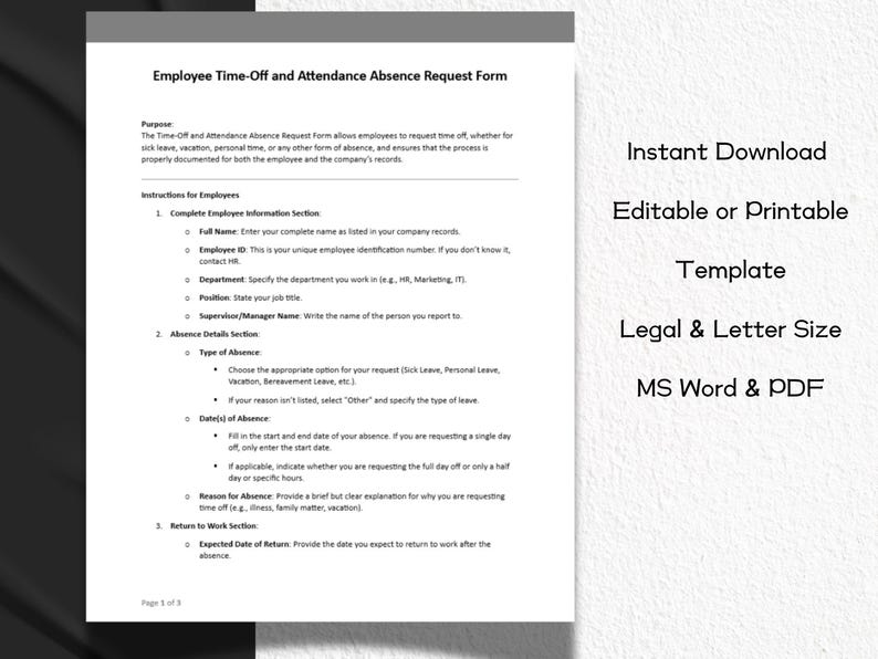 Absence Request Form Template Editable and Printable | HR Professionals ...