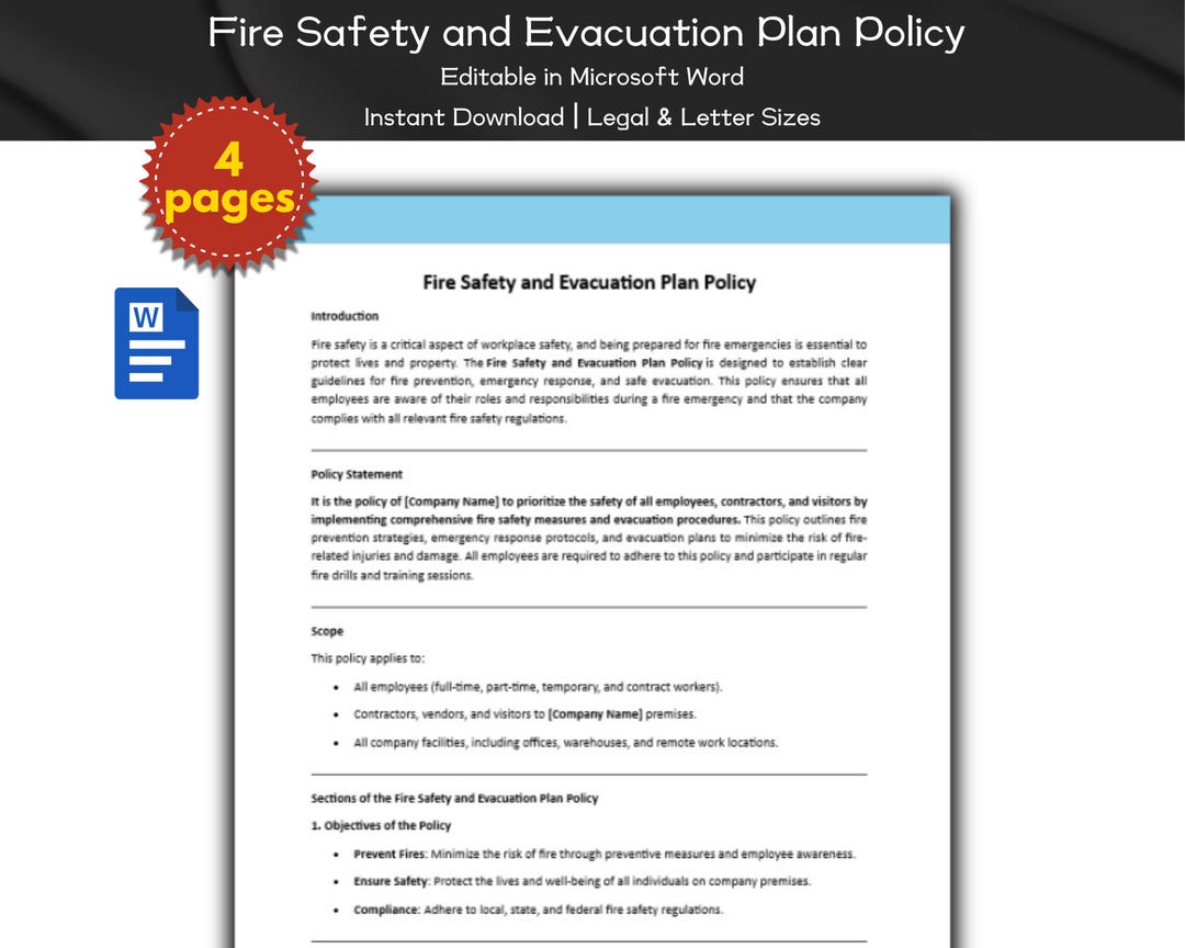Fire Safety and Evacuation Plan Policy Editable Template | Human ...