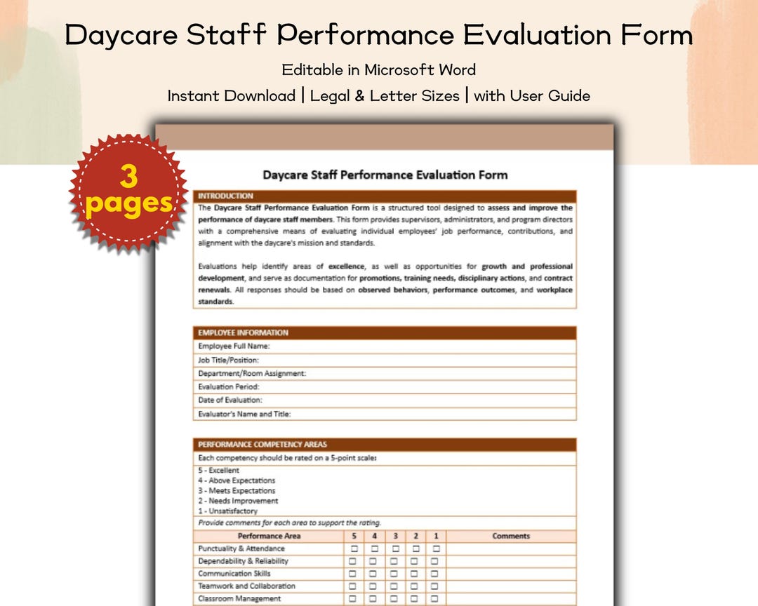 Daycare Staff Performance Evaluation Form Editable and Printable ...