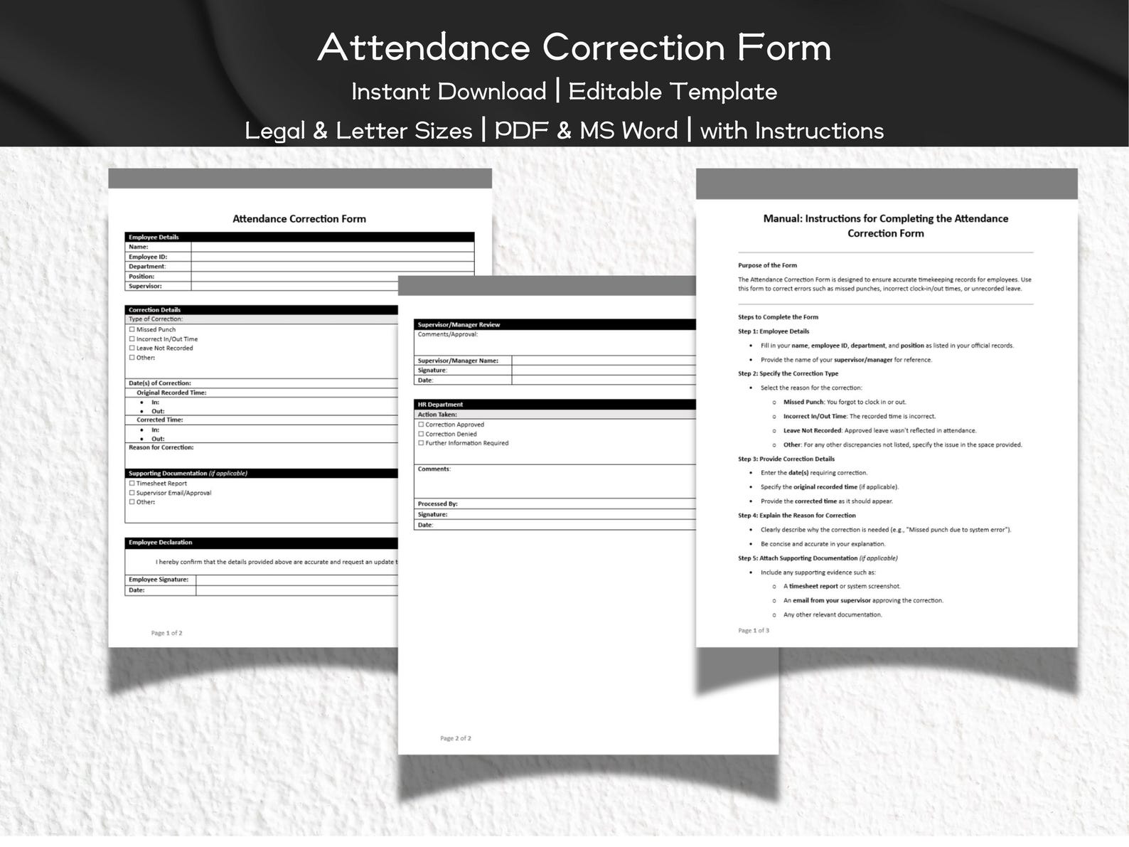 Attendance Correction Form Editable and Printable Template | HR ...