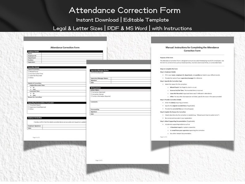 Attendance Correction Form Editable and Printable Template | HR ...