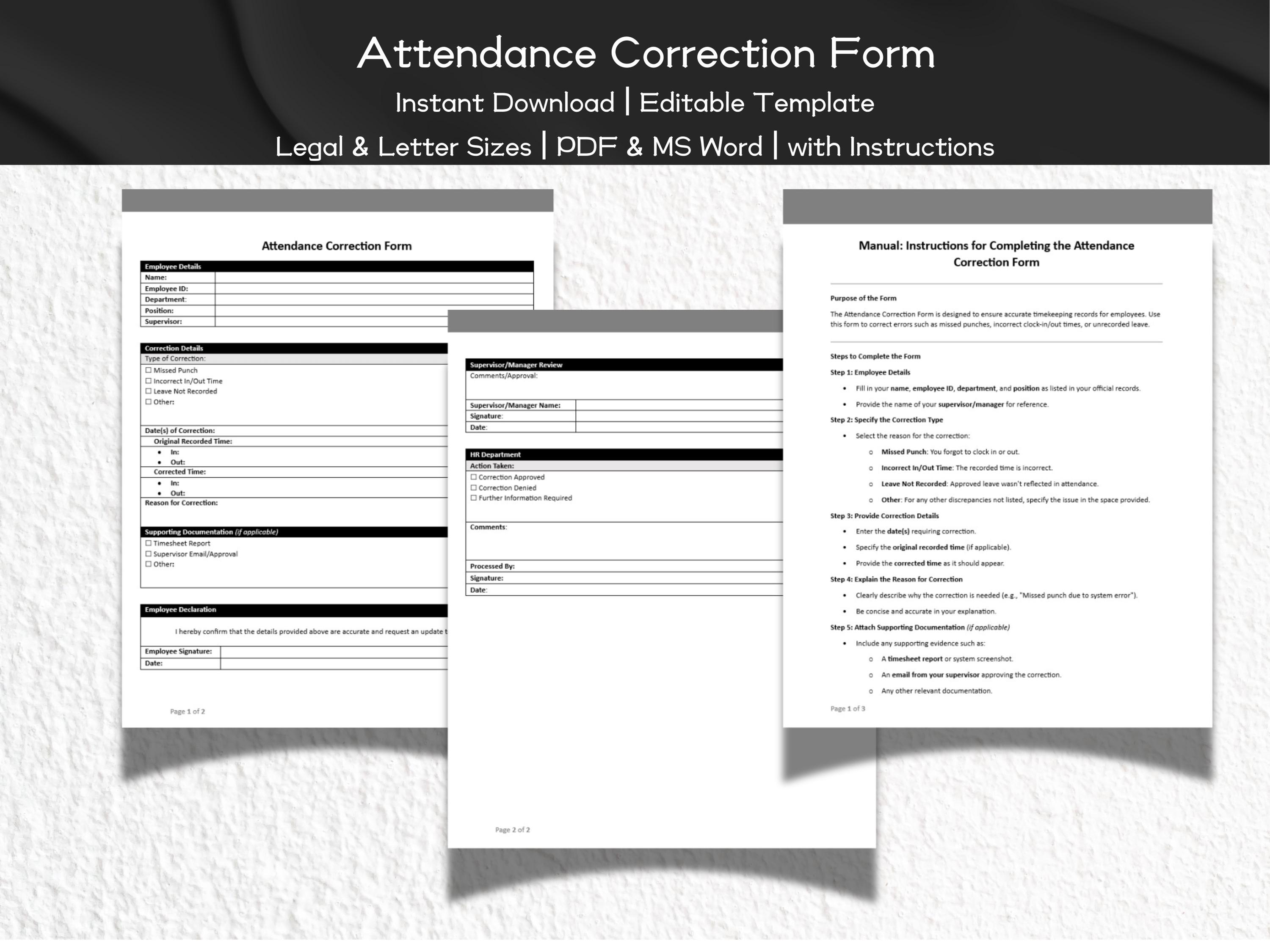 Attendance Correction Form Editable and Printable Template | HR ...