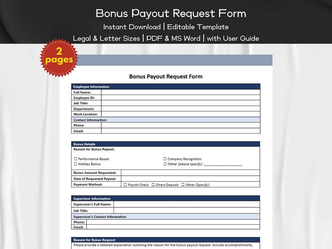 Bonus Payout Request Form Editable and Printable Template | Employee ...