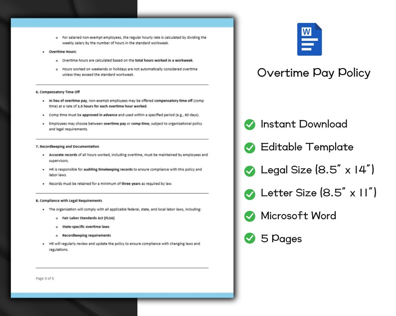 Overtime Pay Policy Editable Template | Human Resource Policies ...