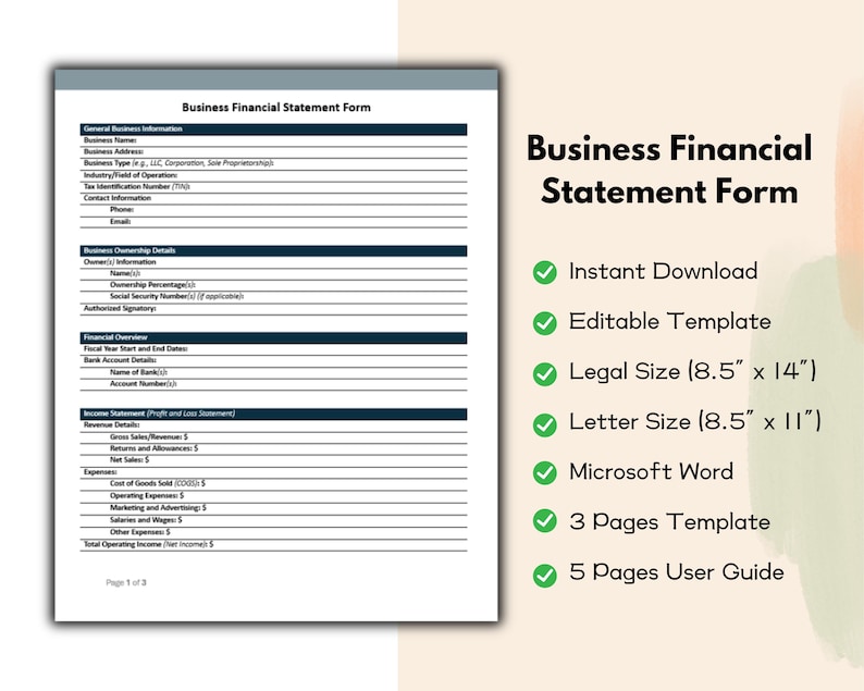 Business Financial Statement Form – Editable and Printable Template for ...