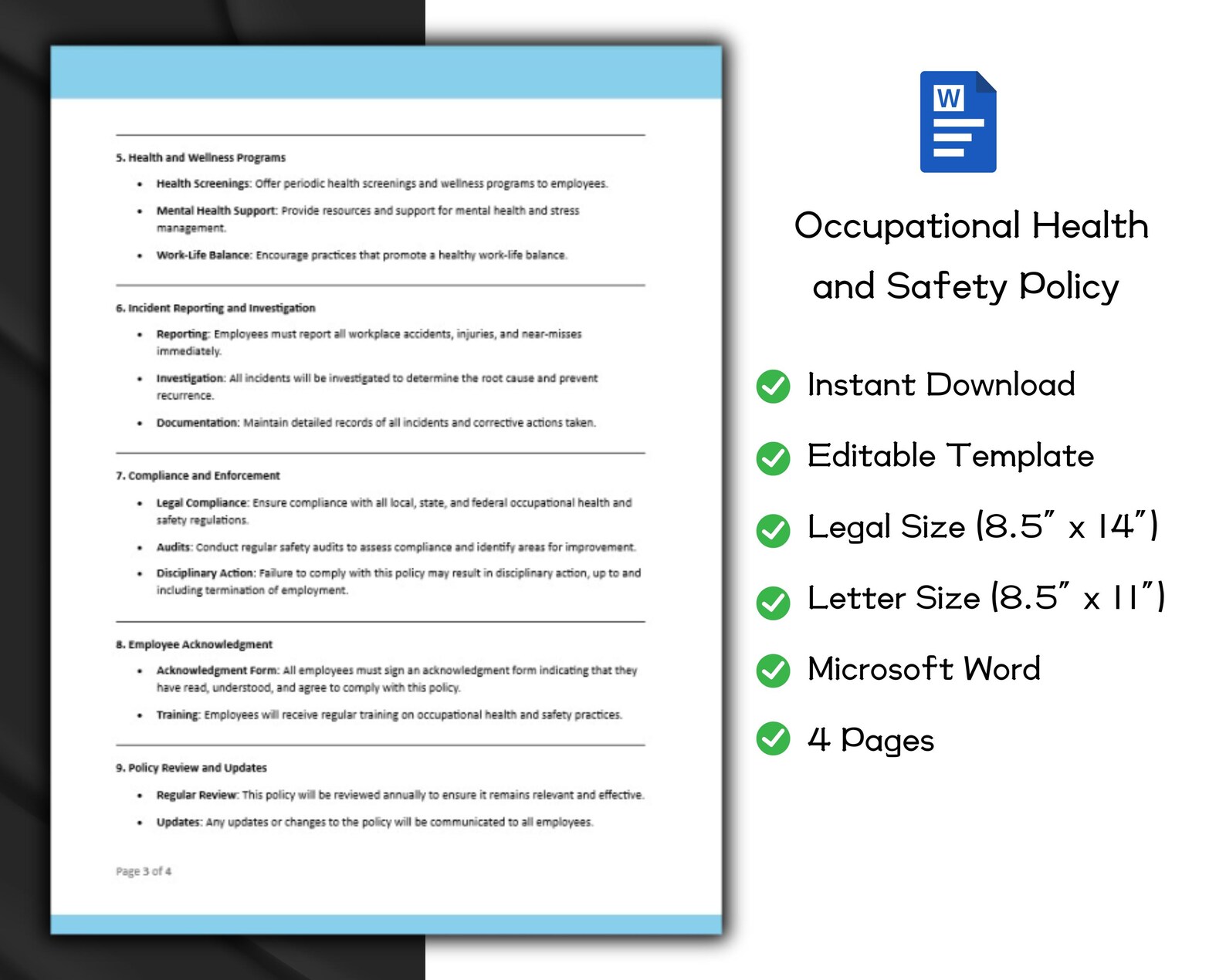 Occupational Health and Safety Policy Editable Template | Human ...