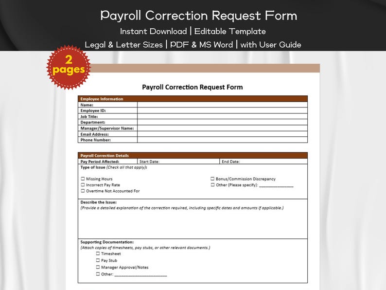 Payroll Correction Request Form Editable and Printable Template ...