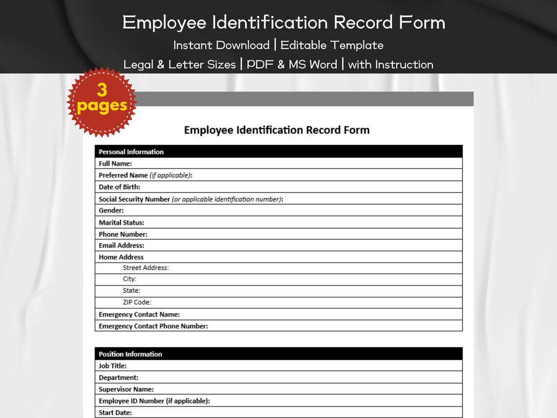 Employee Identification Record Form Editable and Printable Template ...