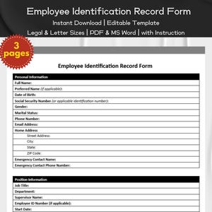Employee Identification Record Form Editable and Printable Template ...