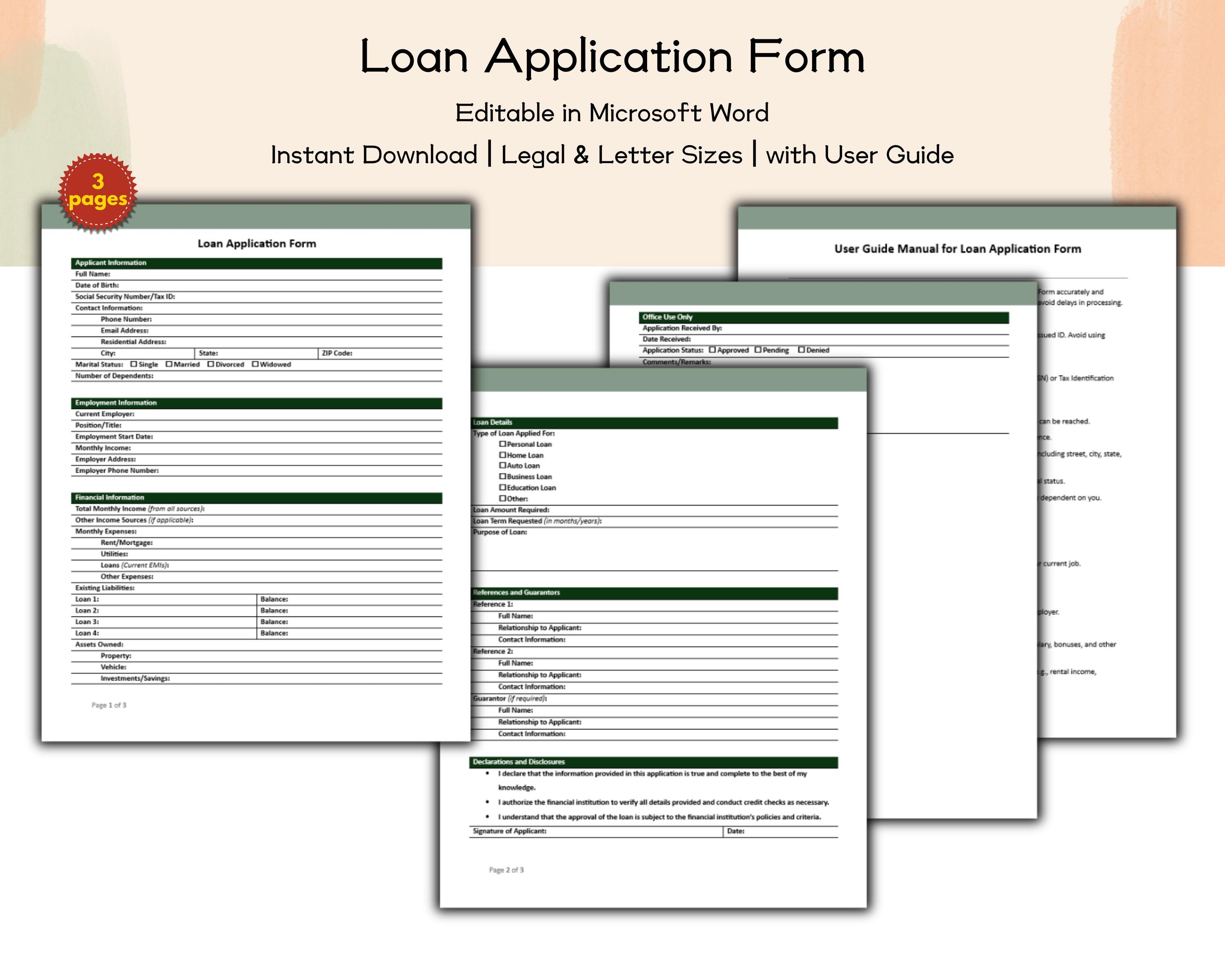 Loan Application Form – Editable and Printable Template for Personal or ...