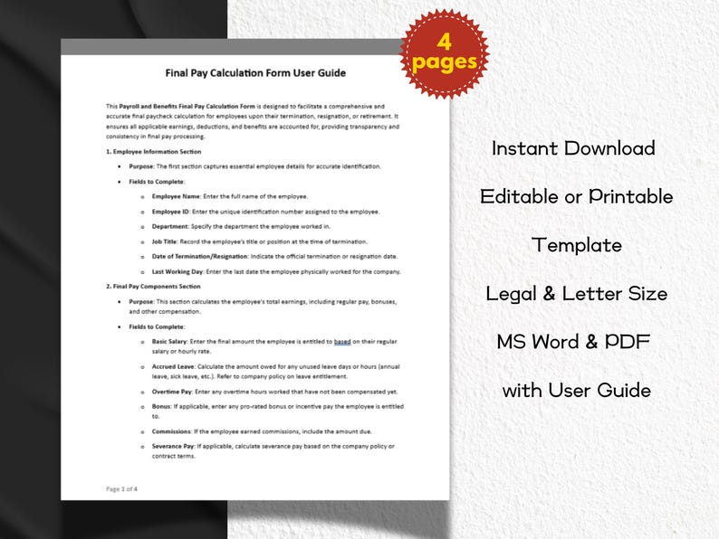 Final Pay Calculation Form Editable and Printable Template | Employee ...