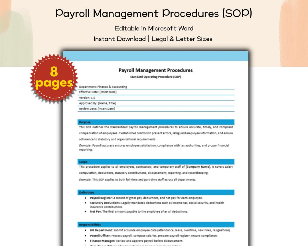 Payroll Management Procedures Standard Operating Procedure SOP Editable ...